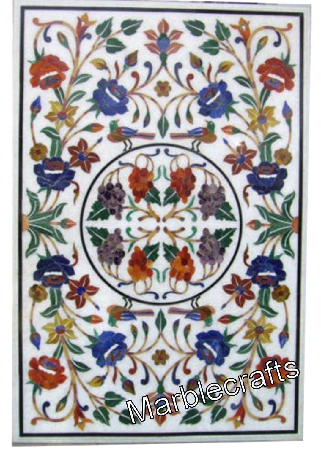 White Marble Patio Dining Table Top With Classy Look Floral Pattern ...