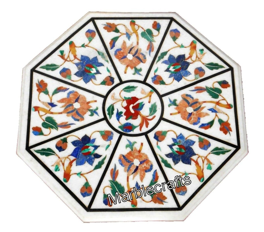 Octagon Shape White Marble Coffee Table Top Floral Pattern Inlay Work ...