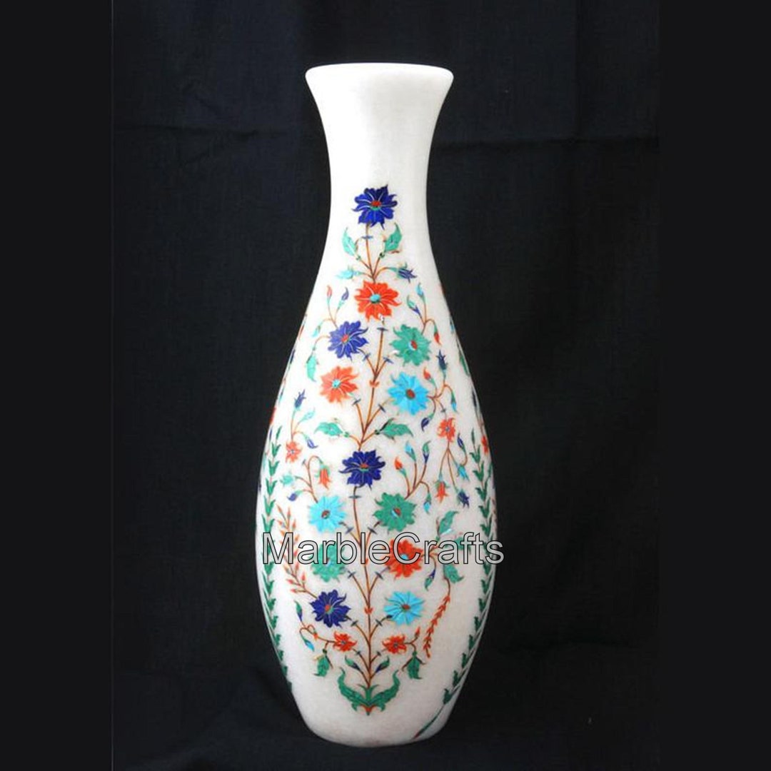 White Marble Flower Pot With Sassy Look Shiny Gemstone Inlay Work ...