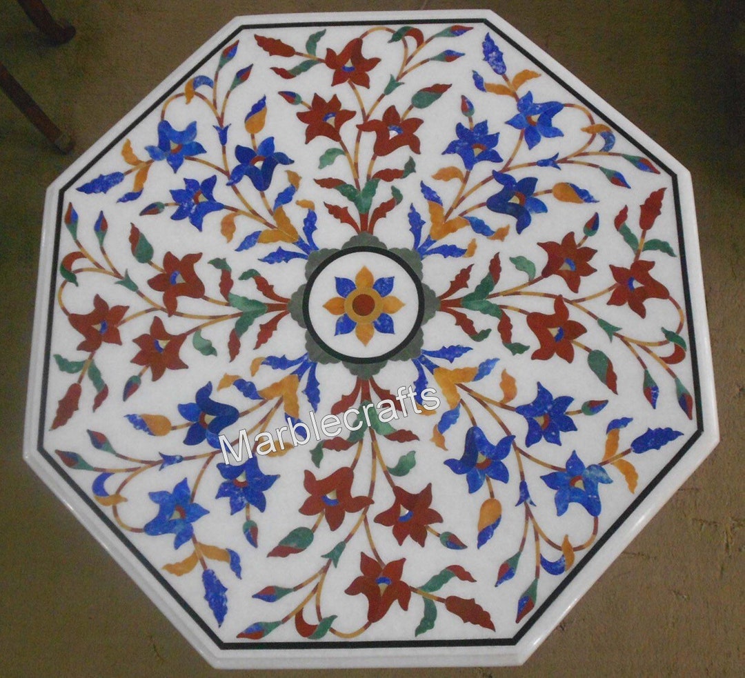White Marble Octagon Shape Center Table Antique Floral Design Inlay ...