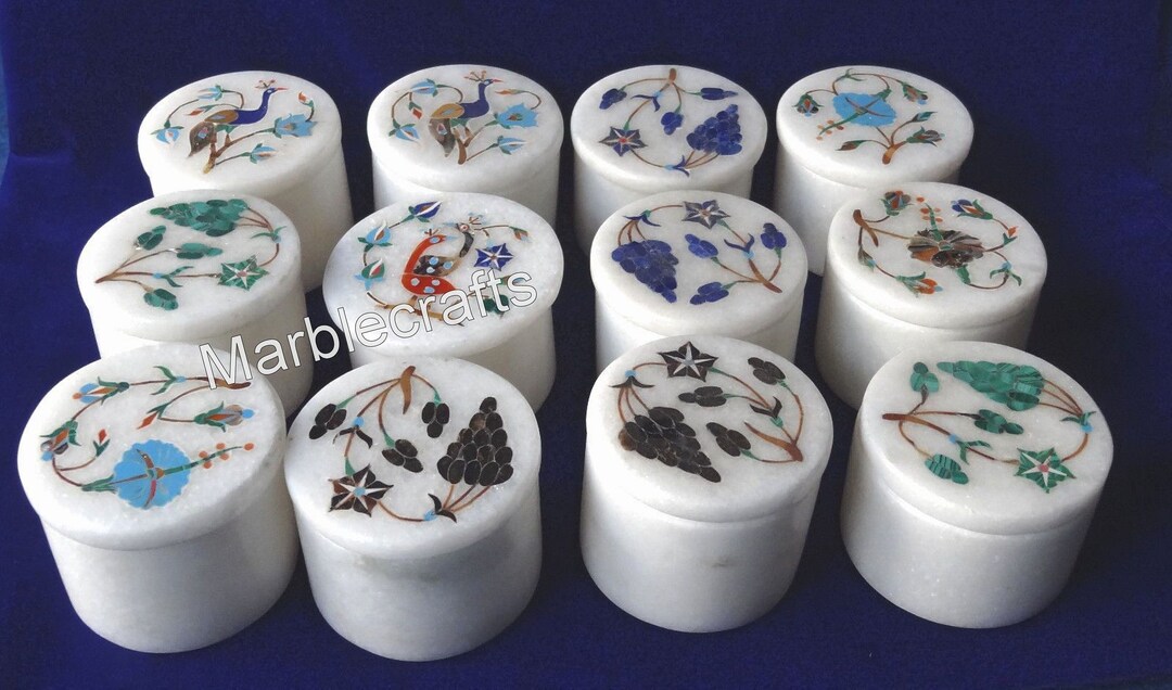 2.5 Inches Round White Marble Trinklet Box With Royal Look Antique ...