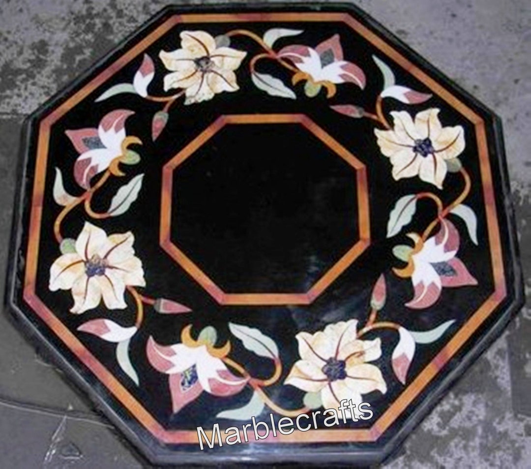 Octagon Shape Black Marble Coffee Table Top Floral Pattern Inlay Work ...