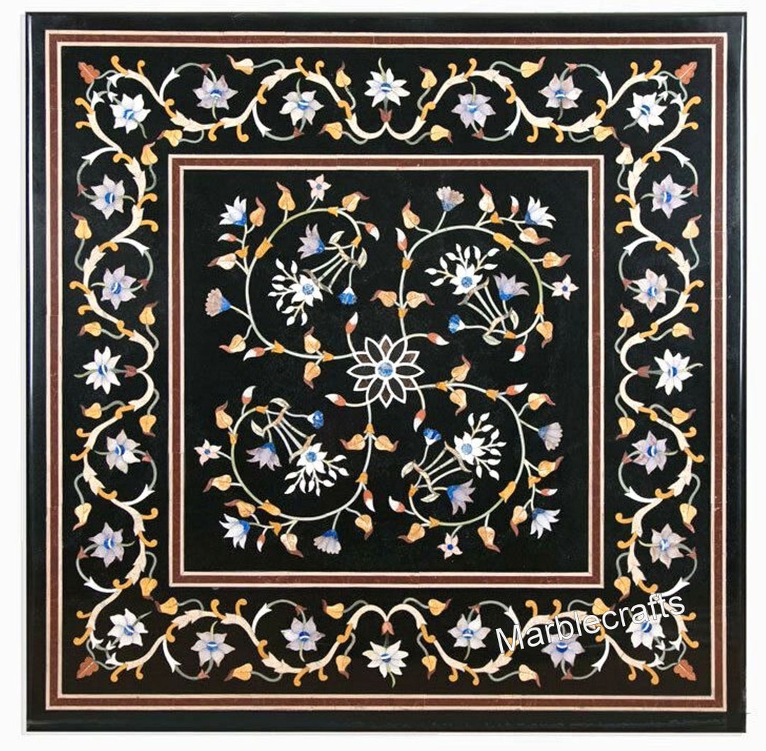 Shiny Gemstone Inlay Work Coffee Table Top Square Shape Black - Etsy