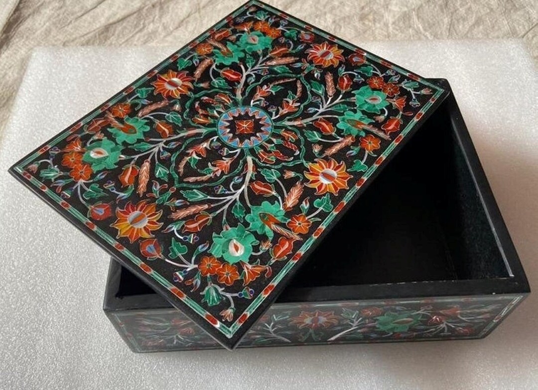Rectangle Shape Black Marble Trinket Box With Royal Look Semi Precious ...