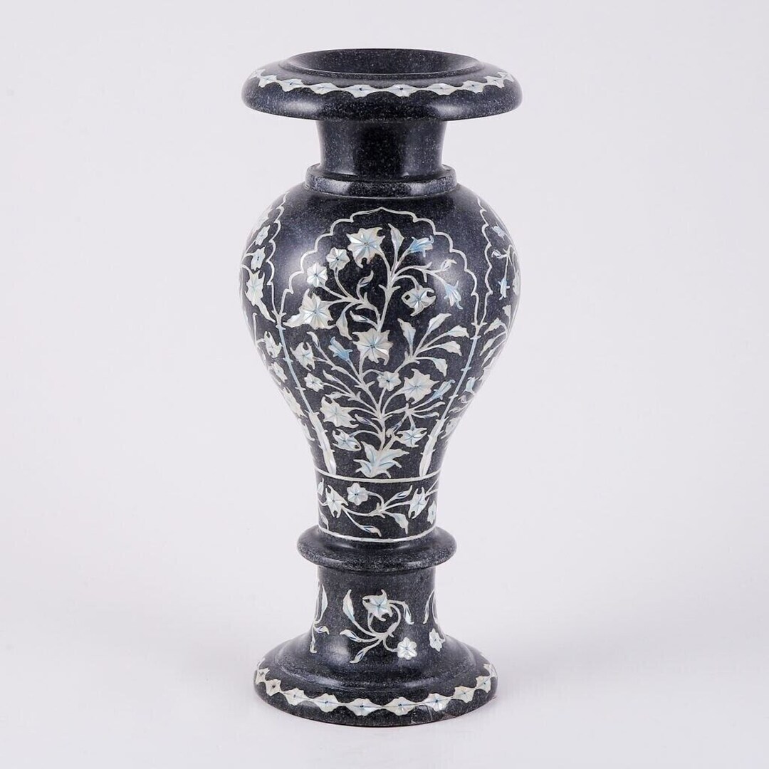 Black Marble Flower Pot With Elegant Look Semi Precious Stone Inlay ...