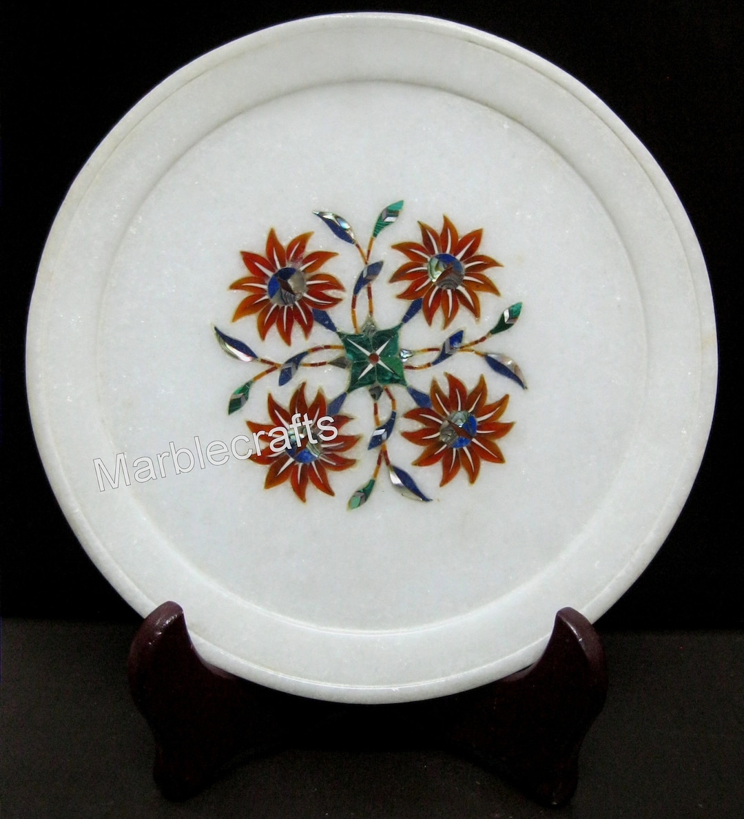 8 Inches Round Shape White Marble Decorative Plate With Royal Look ...