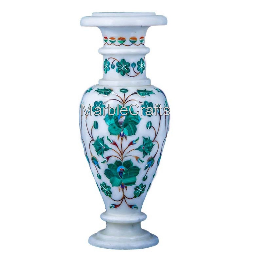 10 Inches Malachite Stone Inlay Work Flower Pot White Marble - Etsy
