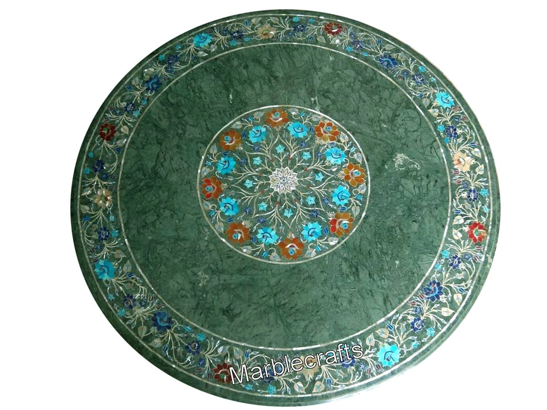 Green Marble Dining Table Top for Hotel Area Decor Gemstone Inlay Work ...