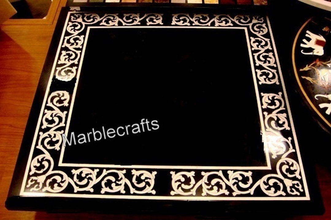Square Shape Black Marble Dining Table Top Border Pattern - Etsy