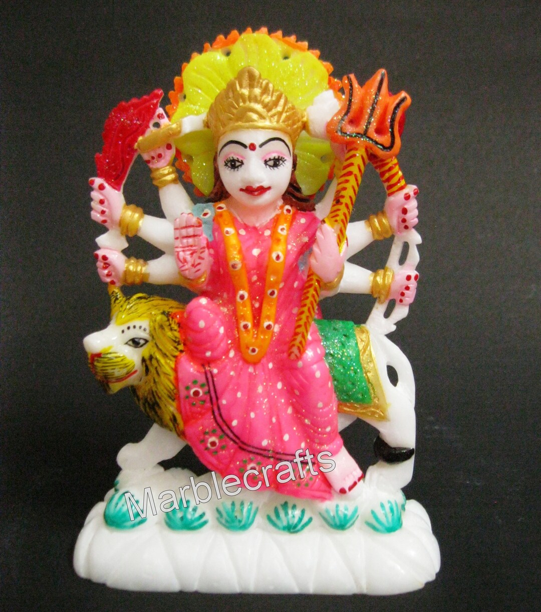 7 Inches White Marble Maa Durga Statue Hand Painted Goddesss Asht Bhuja ...