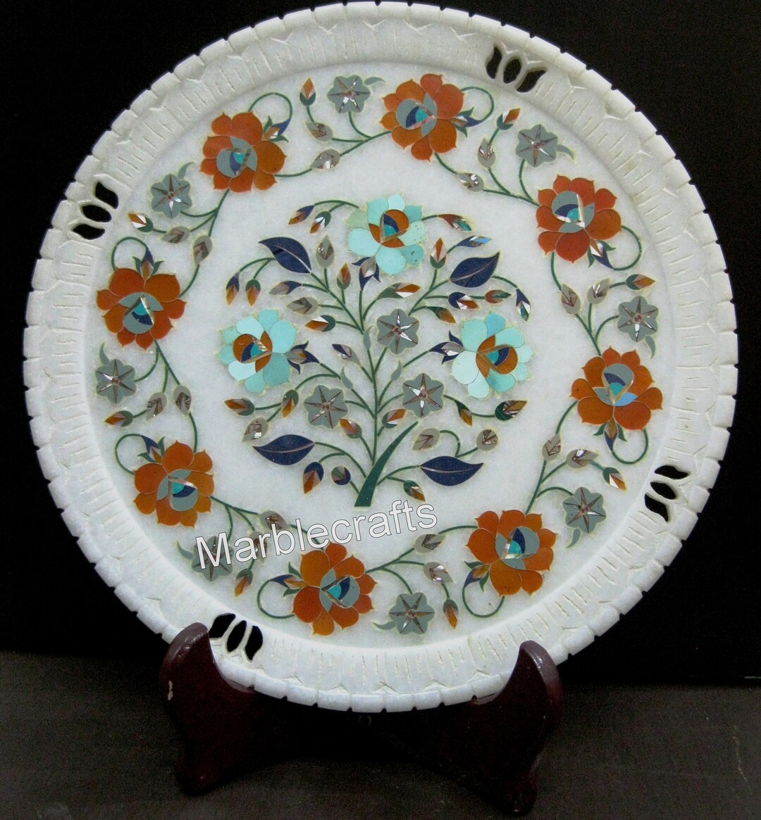 10 Inches White Marble Round Shape Decorative Plate Carnelian Stone ...
