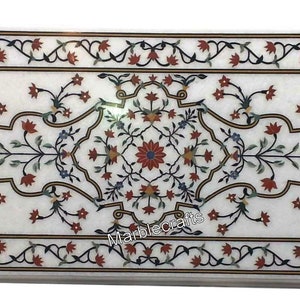 White Marble Rectangle Shape Dining Table Top Antique Design Inlay Work ...