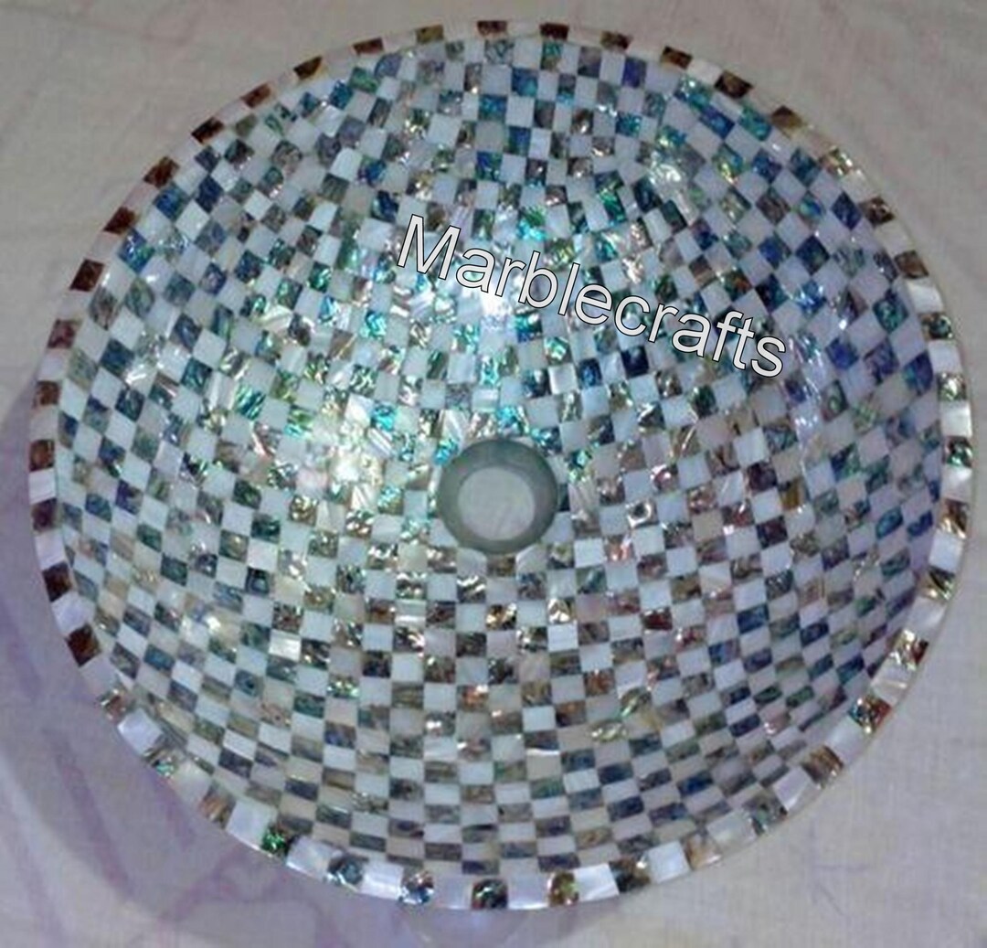 MOP and Abalone Shell Random Work Sink Round Shape Marble Counter Top ...