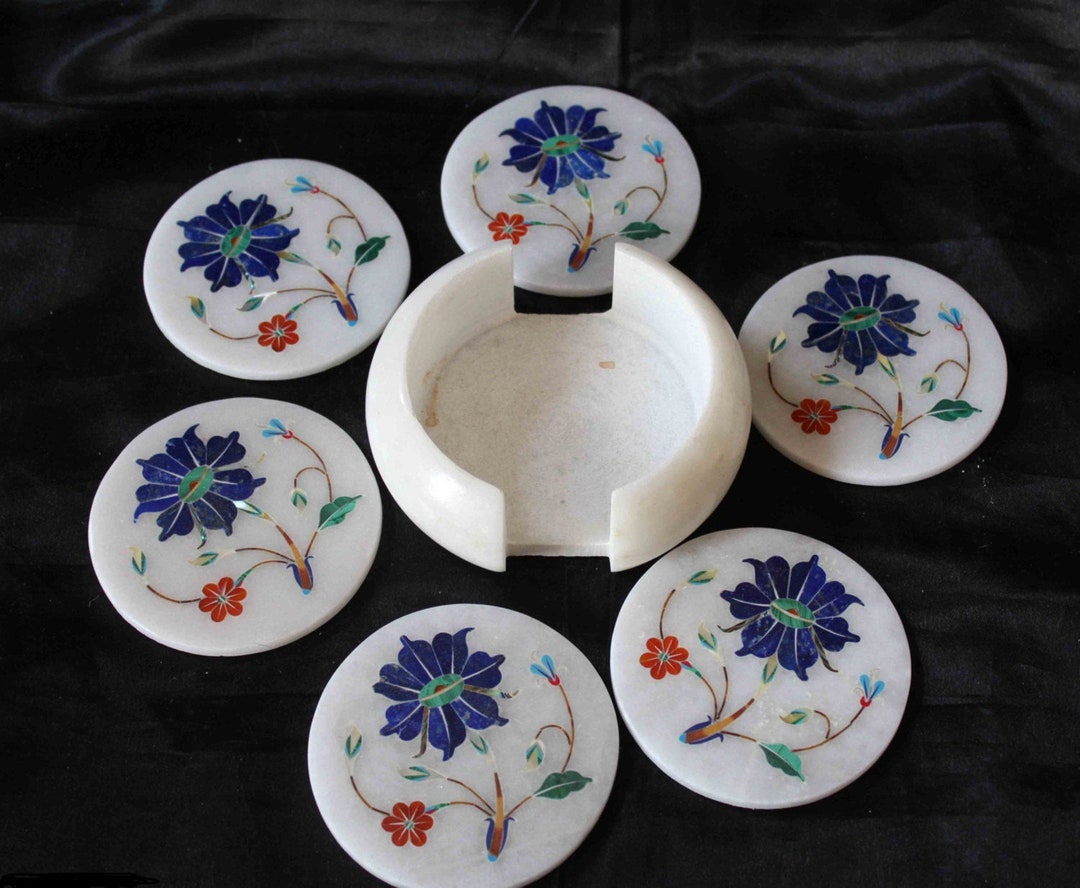 Gemstone Coaster Set With Floral Art Inlay Work | White Marble Wine ...
