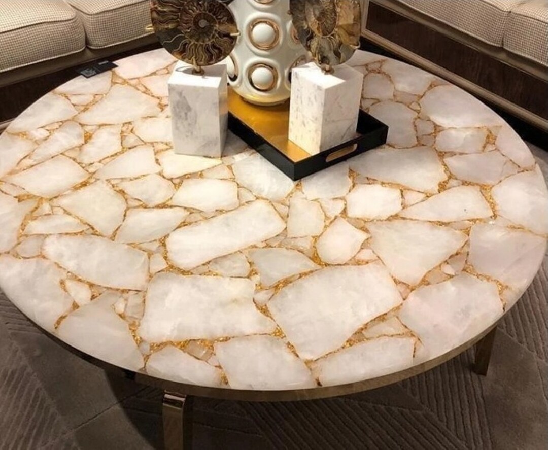 Luxury White Quartz Table | Gold Accent Dining Table Top | Royal Quartz ...