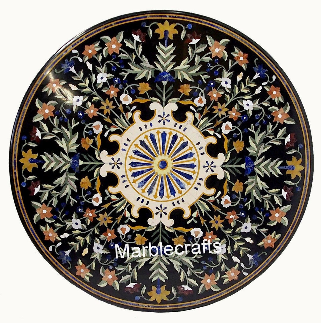 Black Marble Round Shape Dining Table Top Antique Design Inlay - Etsy