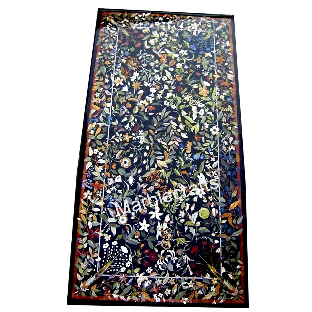 Leaves Pattern Inlay Work Dining Table Top Rectangle Shape Black Marble ...