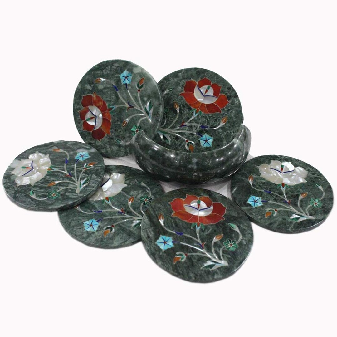 Marble Coffee Coaster Set / Gemstone Beer Coaster Set / Floral Art Wine ...