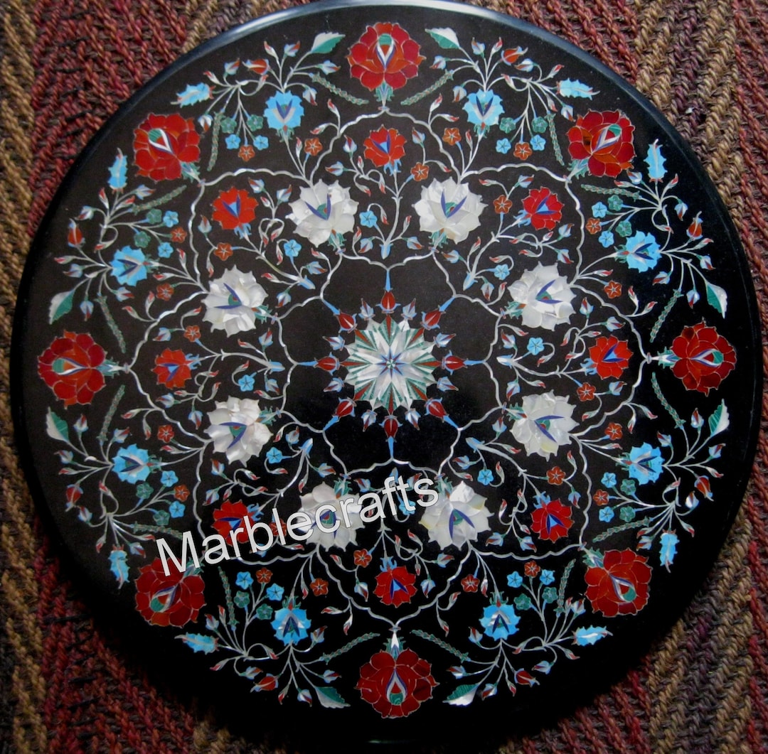 24 X 24 Inches Round Shape Black Marble Coffee Table Top Semi Precious ...