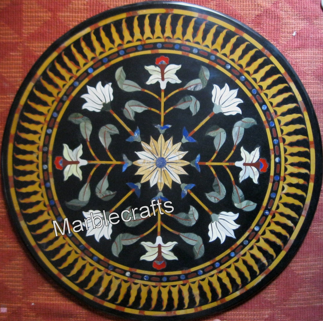 36 X 36 Inches Round Shape Black Marble Dining Table Top Antique ...