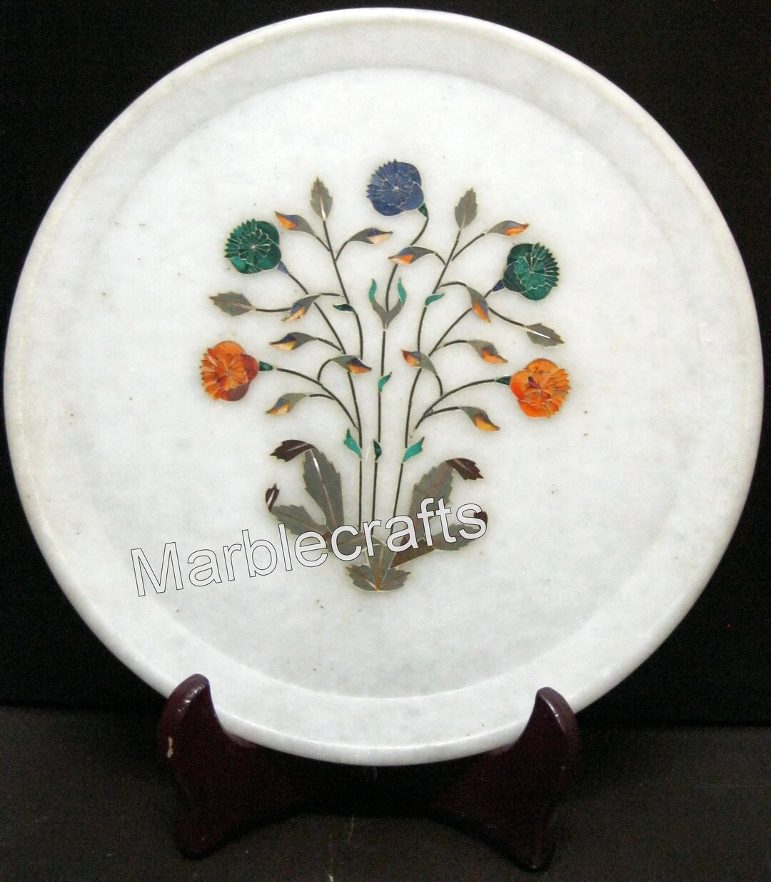 10 Inches Shiny Semi Precious Stone Inlay Work Decorative Plate Round ...