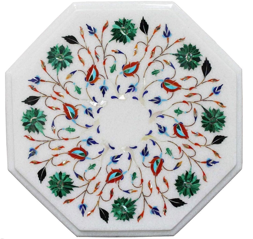 White Marble Patio Side Table With Malachite Stone Inlay | Royal Look ...