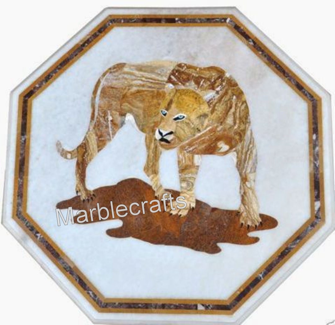 24 X 24 Inches Lion Design Inlay Work Coffee Table Top Octagon - Etsy