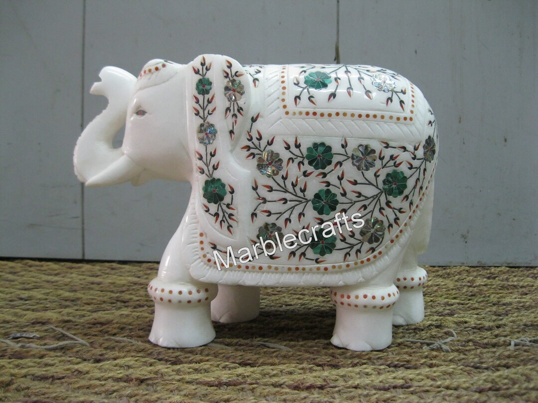 African Elephant Statue With Floral Art Inlay Work | Indian Marble Good ...