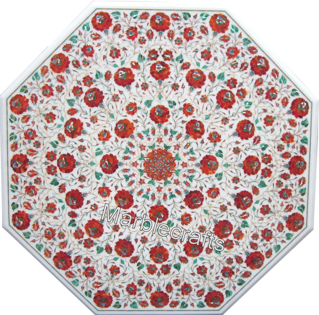 Octagon Shape White Marble Dining Table Top Carnelian Stone Inlay Work ...