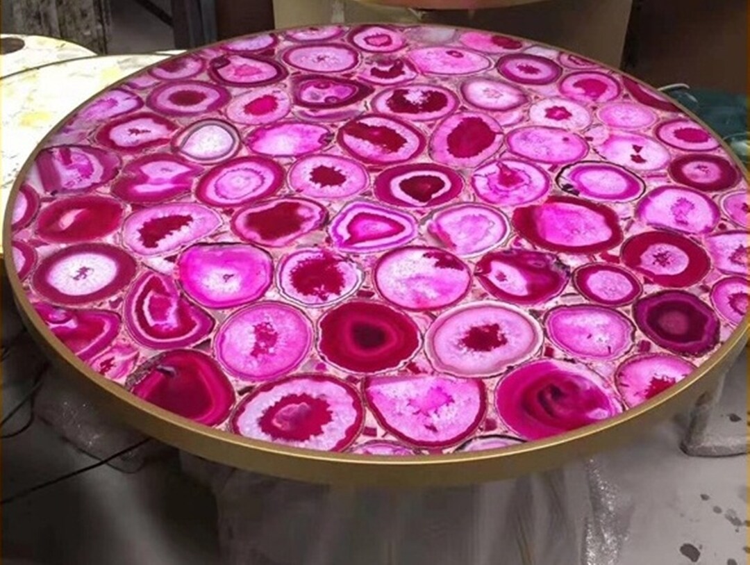Round Shape Pink Marble Center Table Agate Stone Epoxy Coffee Table Top ...