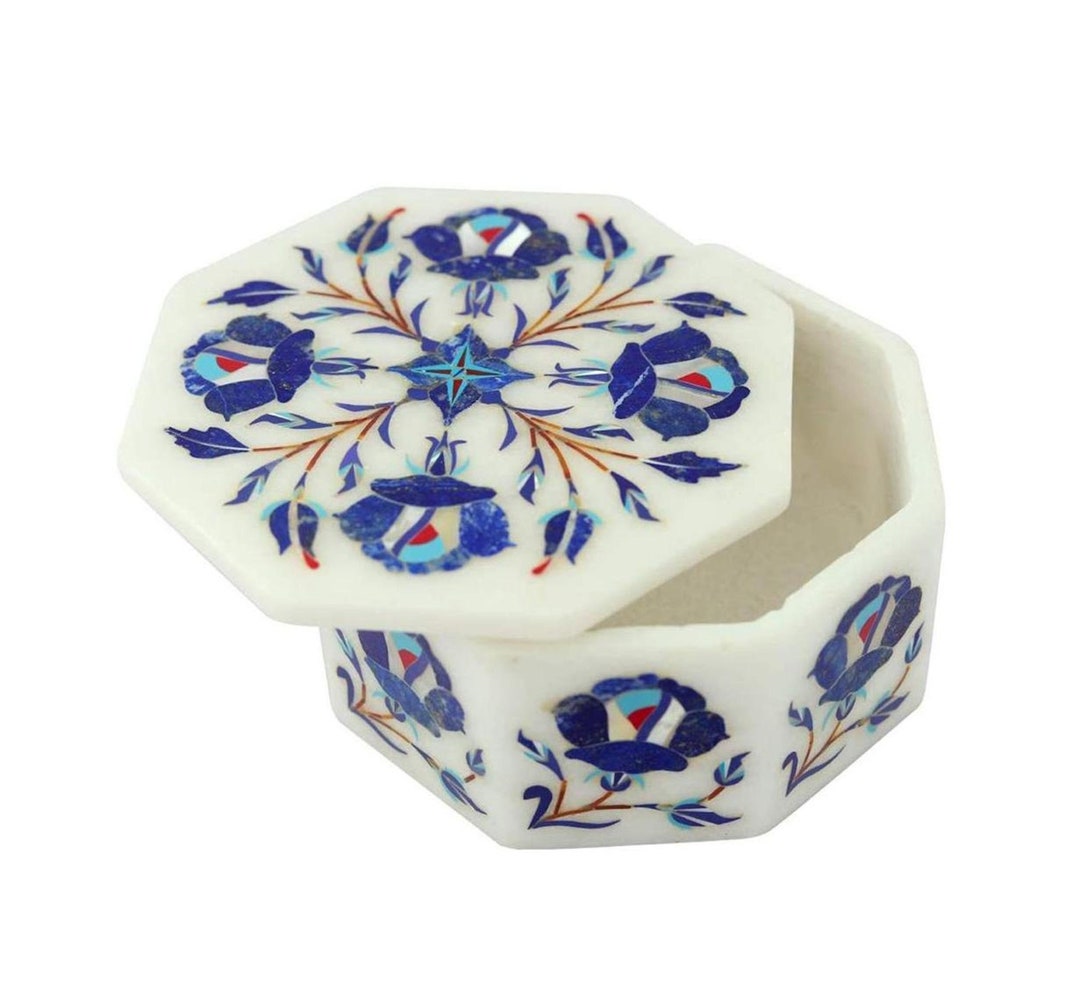 White Marble Trinket Box / Lapis Lazuli Stone Small Jewelry Box / Boho ...