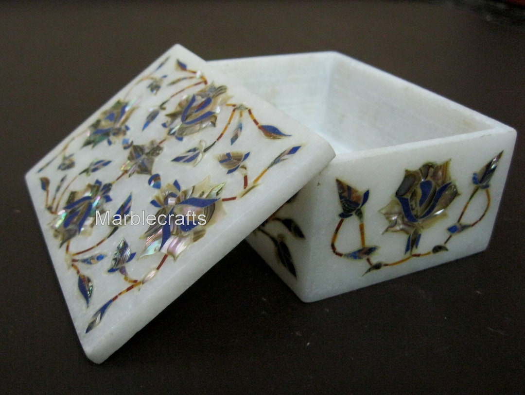 Boho Indian Marble Box | 4x3" White Marble Jewelry Box | Handmade ...
