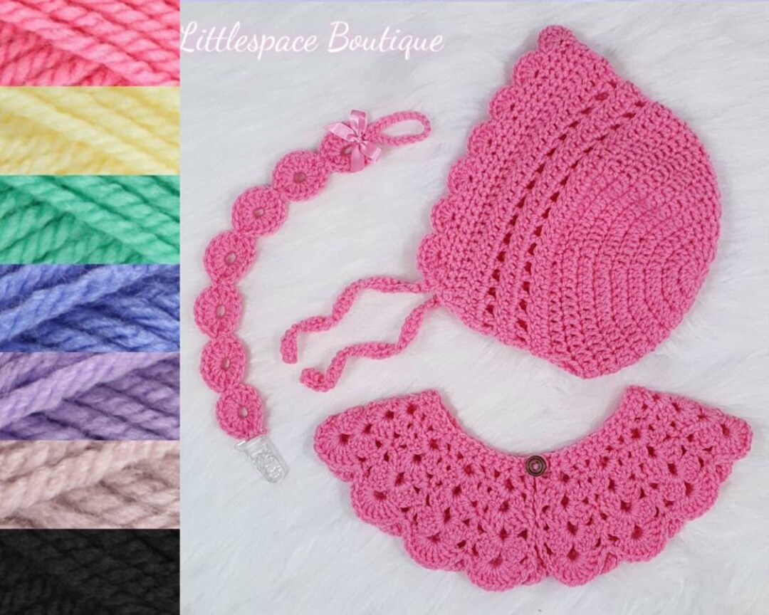 Crochet Adult Baby Bonnet, Pacifier Clip and Oversized Collar Set - Etsy