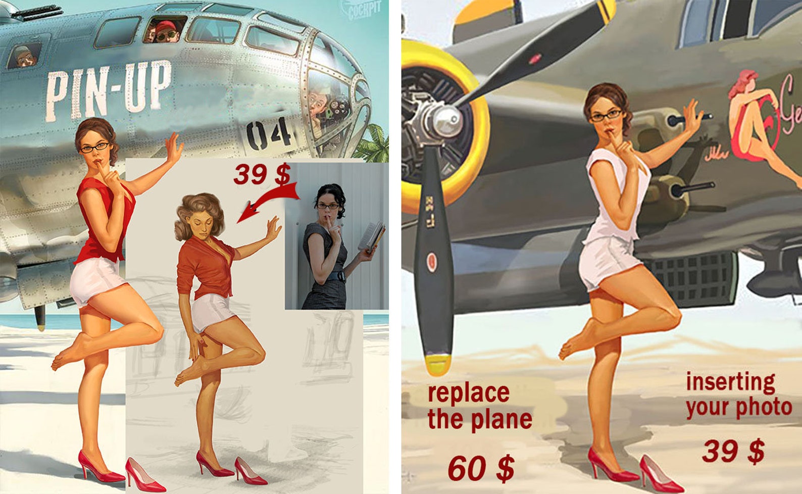 Personalized portrait Pin up style Airplane Pin Up art | Etsy