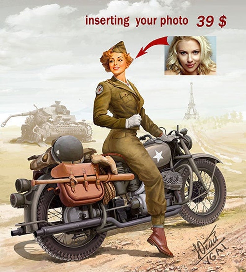 Personalized Portrait Military Pin Up Style Vintage Warii Art Etsy