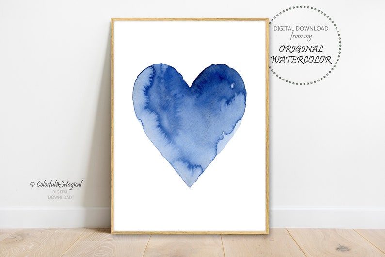 Heart Print Poster, Blue Love Wall Art, Heart Watercolor, Modern ...