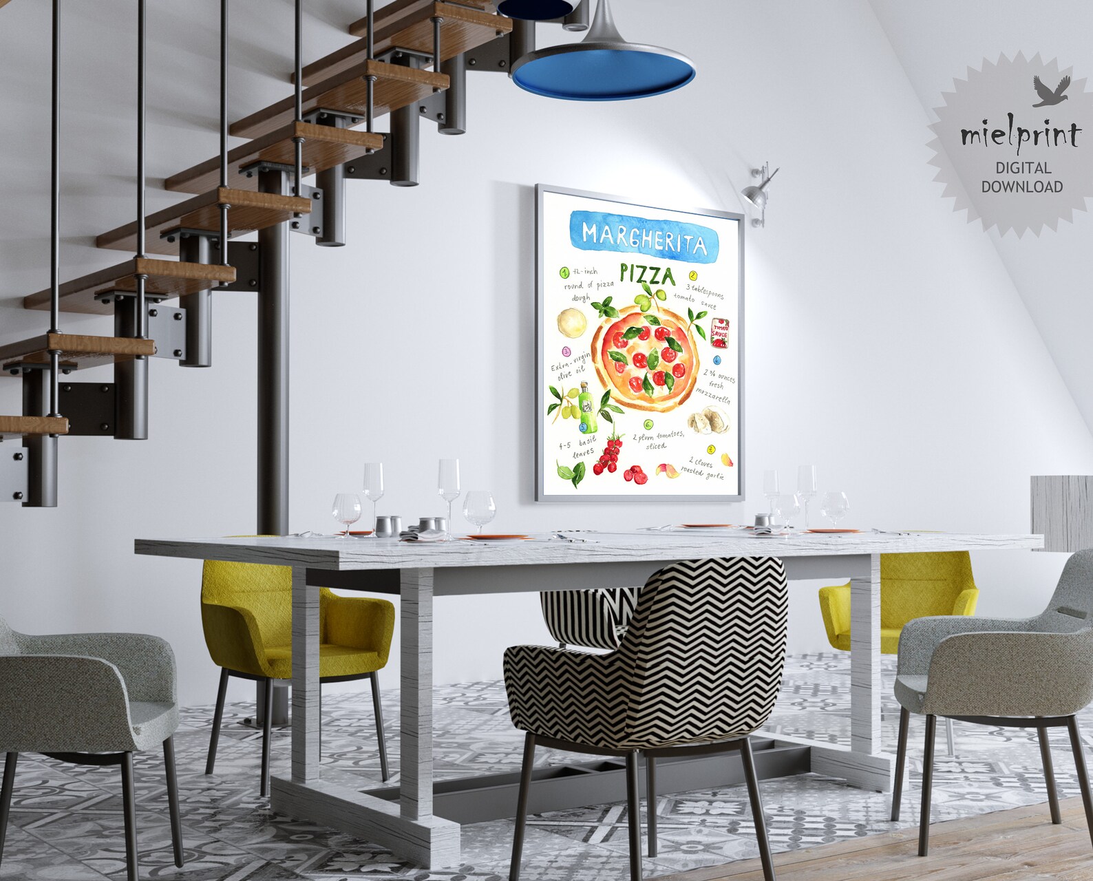 Pizza Recipe Watercolor Print Kitchen Decor Food Large - Etsy