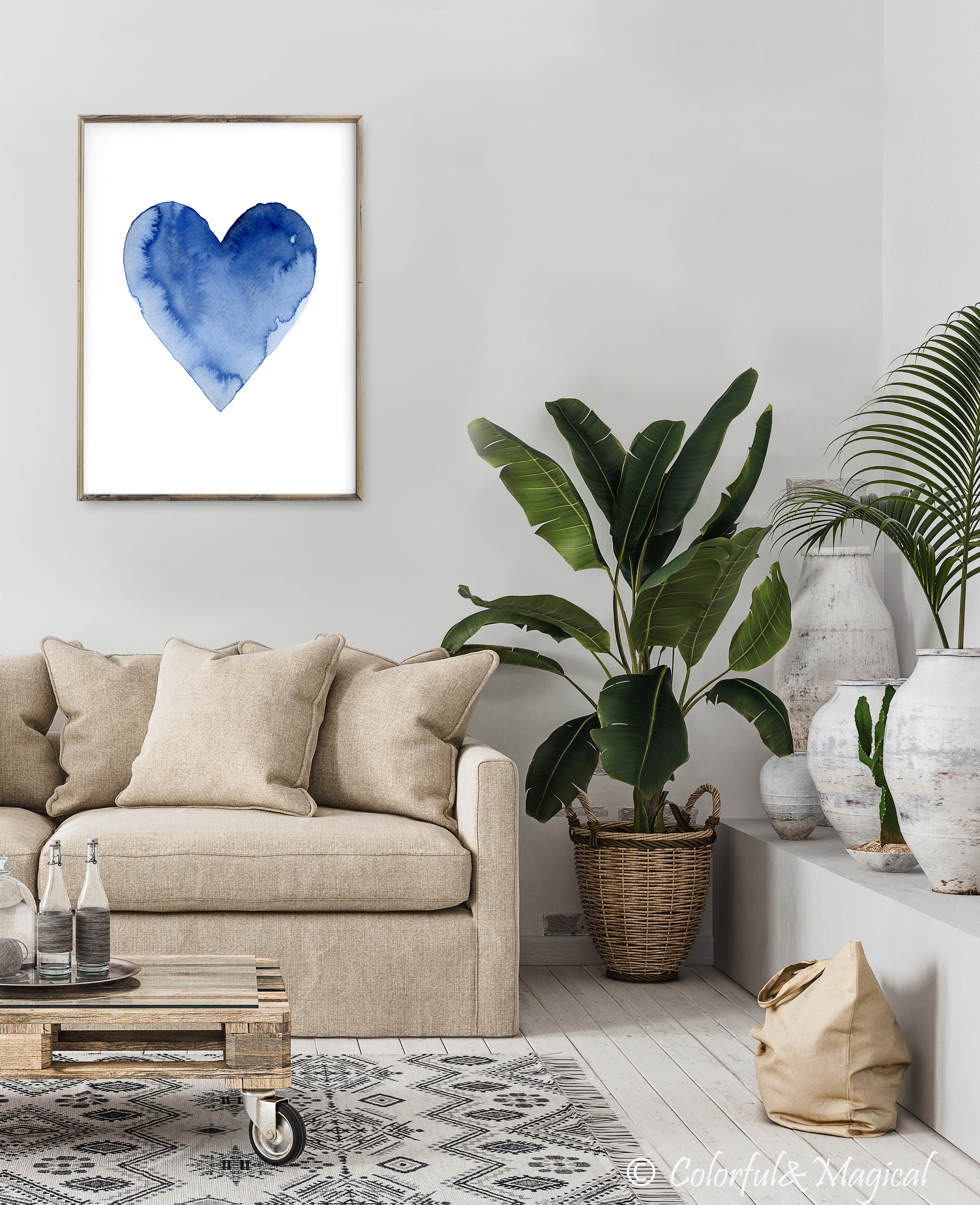 Heart Print Poster, Blue Love Wall Art, Heart Watercolor, Modern ...