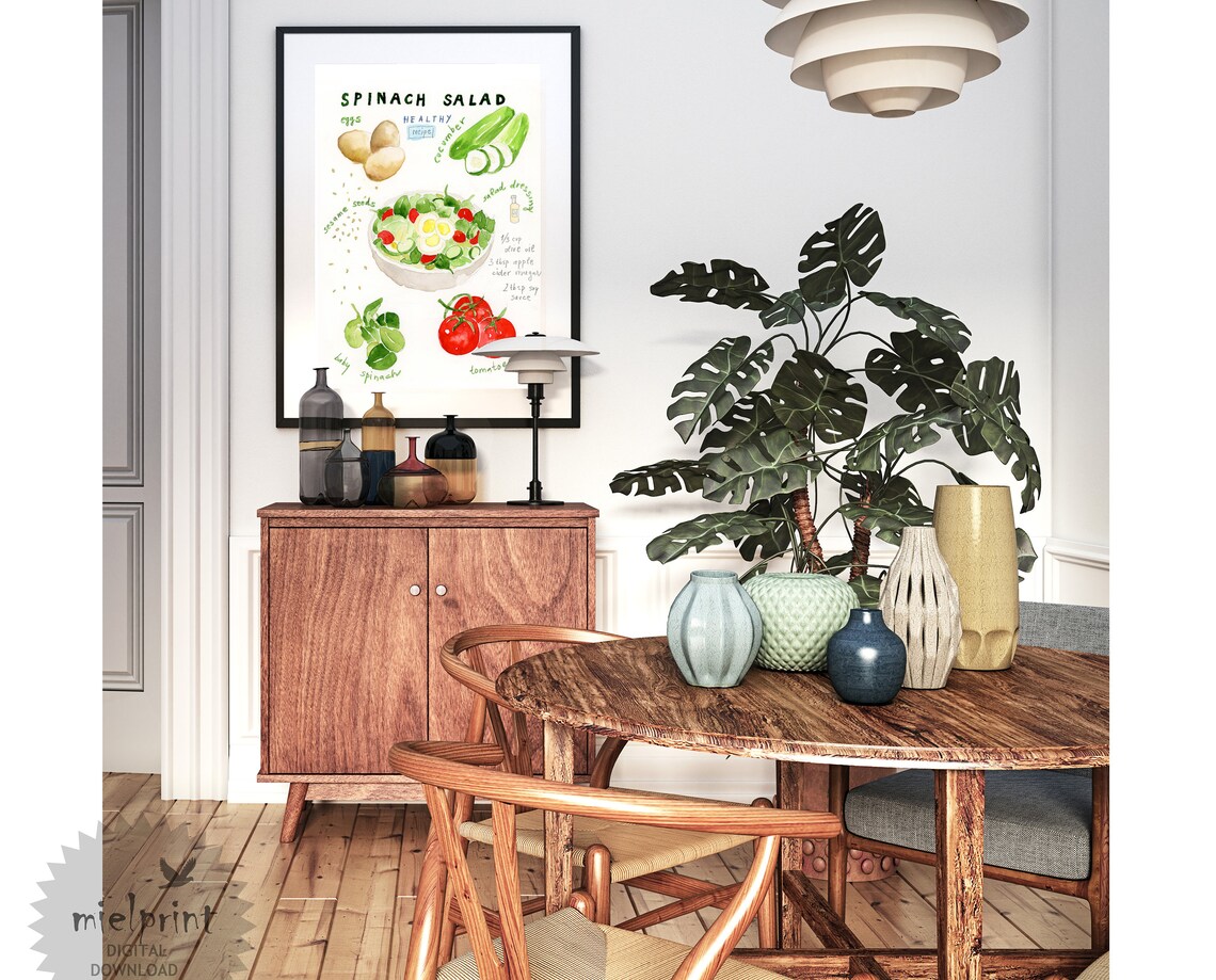 Recipe Watercolor Digital Download, Kitchen Wall Art, Spinach Salad ...