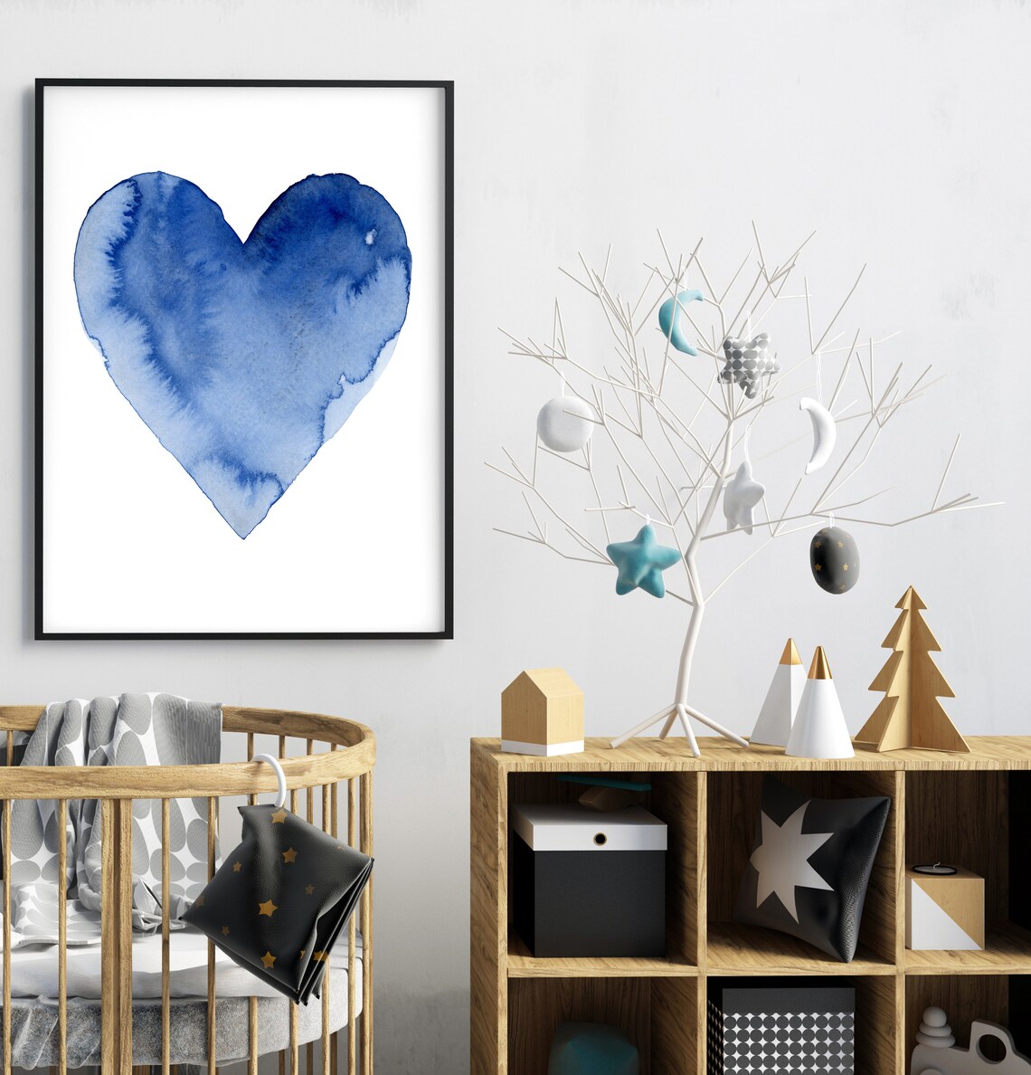 Heart Print Poster, Blue Love Wall Art, Heart Watercolor, Modern ...
