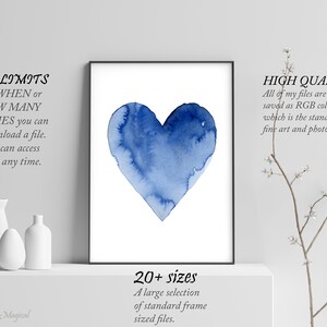 Heart Print Poster, Blue Love Wall Art, Heart Watercolor, Modern ...