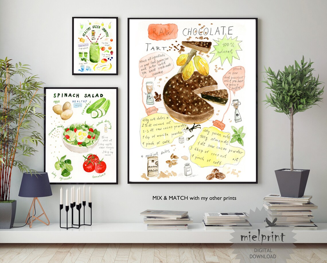 Recipe Watercolor Digital Download, Kitchen Wall Art, Spinach Salad ...