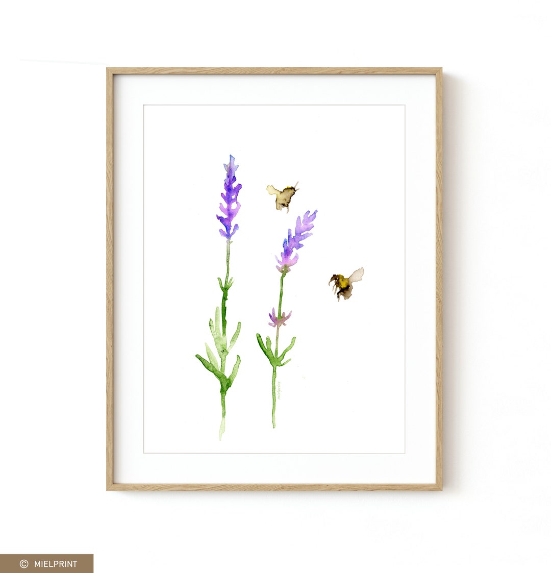 Lavender and Bees Watercolor Art, Flowers, Herb Botanical Digital Art ...