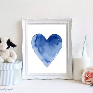 Heart Print Poster, Blue Love Wall Art, Heart Watercolor, Modern ...