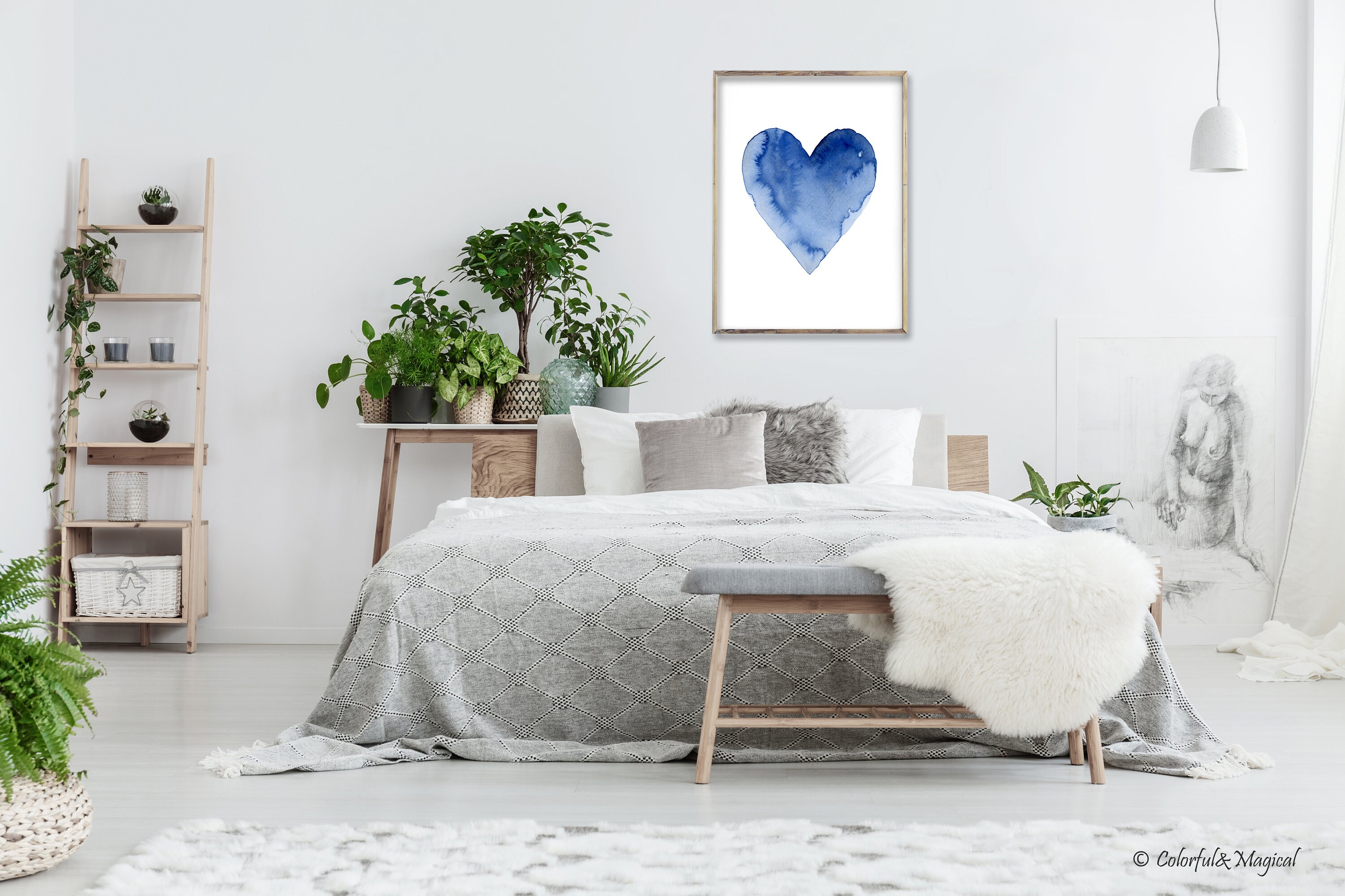Heart Print Poster, Blue Love Wall Art, Heart Watercolor, Modern ...
