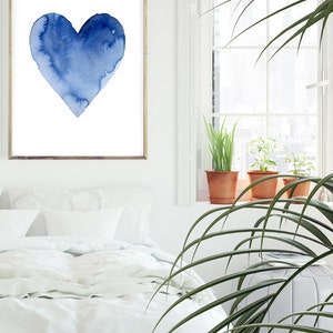 Heart Print Poster, Blue Love Wall Art, Heart Watercolor, Modern ...