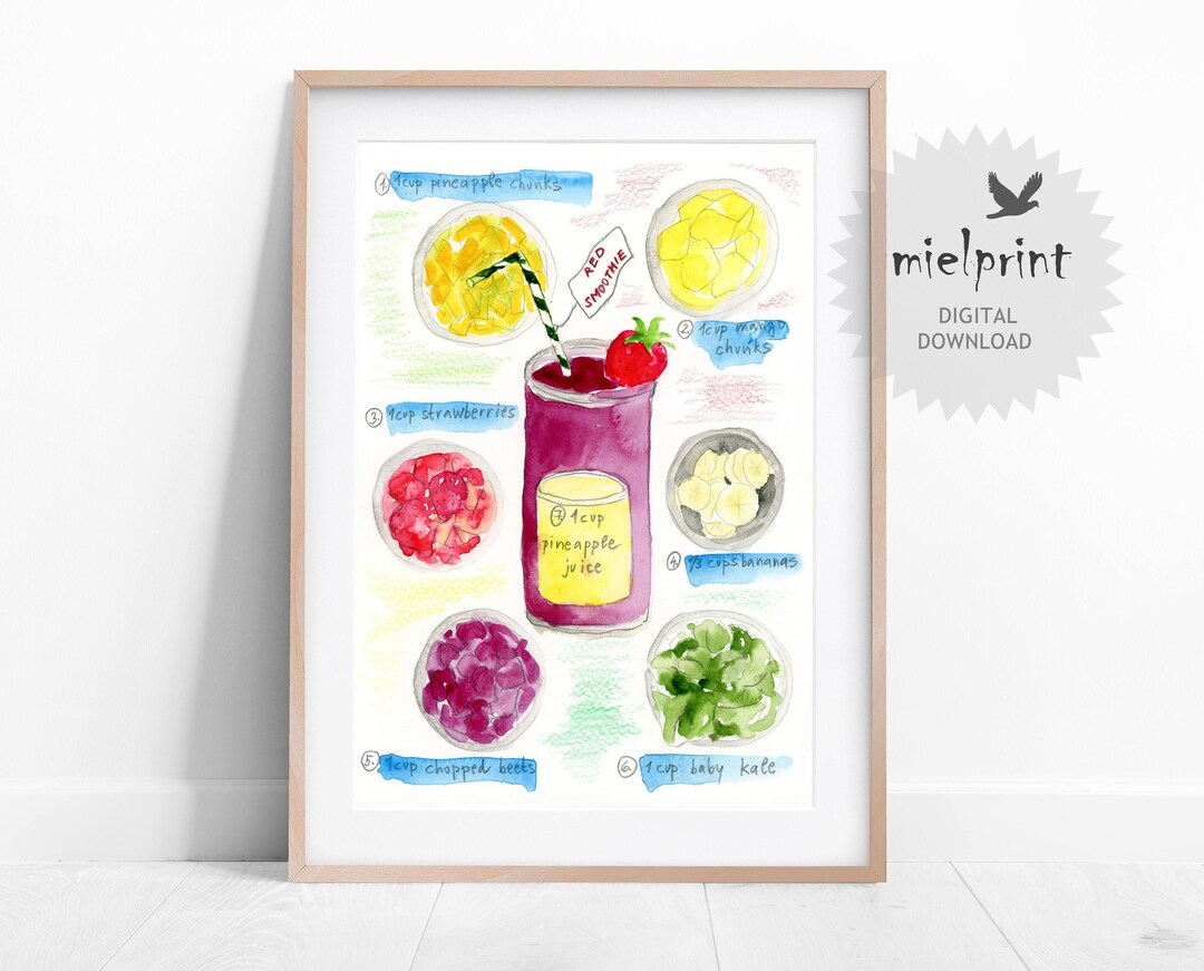 Smoothie Recipe Watercolor Print, Kitchen Decor, Food Large Poster ...