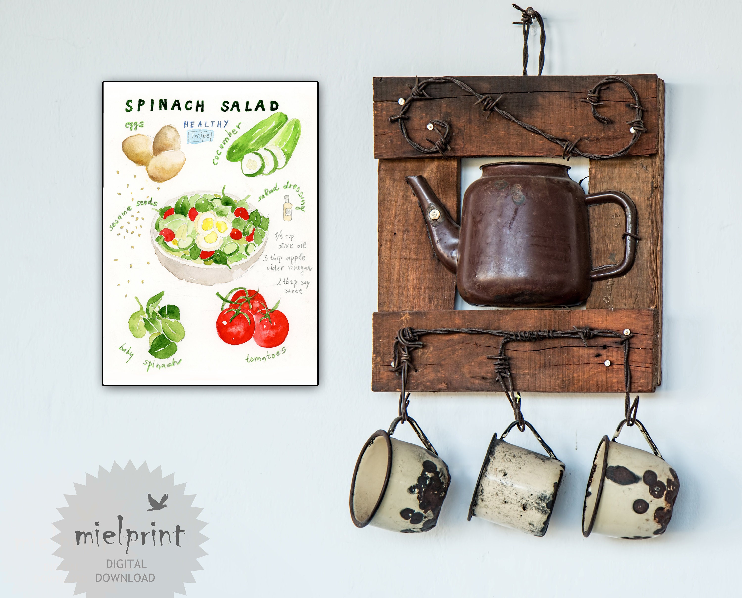 Recipe Watercolor Digital Download, Kitchen Wall Art, Spinach Salad ...