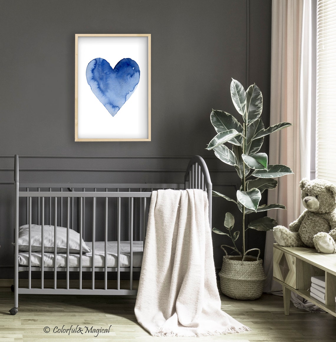 Heart Print Poster, Blue Love Wall Art, Heart Watercolor, Modern ...