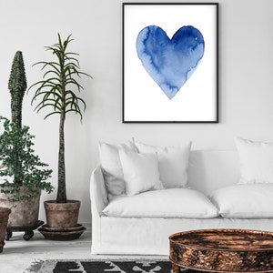 Heart Print Poster, Blue Love Wall Art, Heart Watercolor, Modern ...